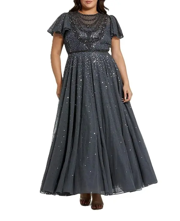 Mac Duggal Plus Sheer Flutter Sleeve Beaded Net Gown