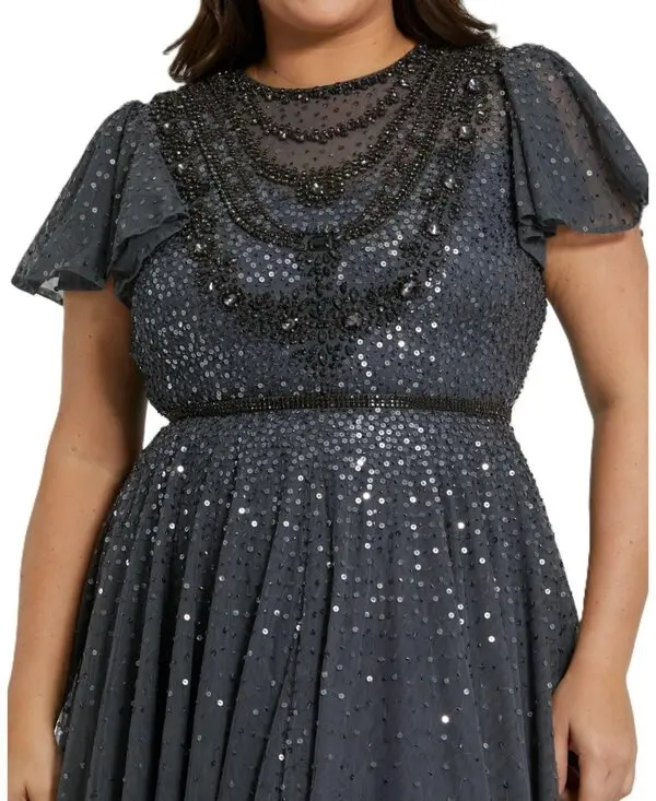 Mac Duggal Plus Sheer Flutter Sleeve Beaded Net Gown