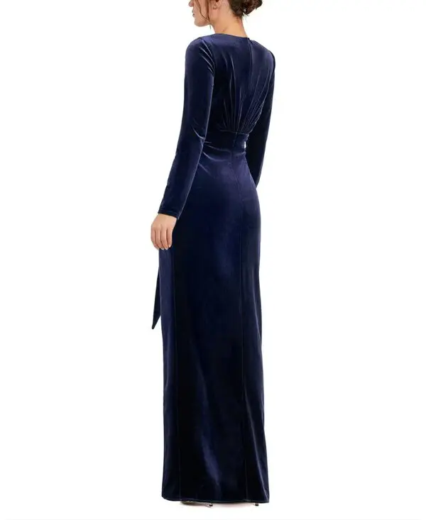 Mac Duggal Long Sleeve Deep V-neck Draped Velvet Gown - Cobalt