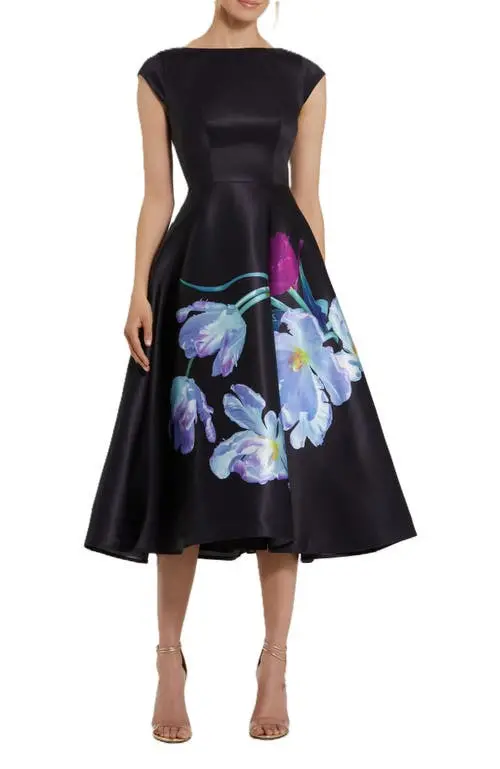 Mac Duggal Satin Midi Dress With Floral Print - Black Multi