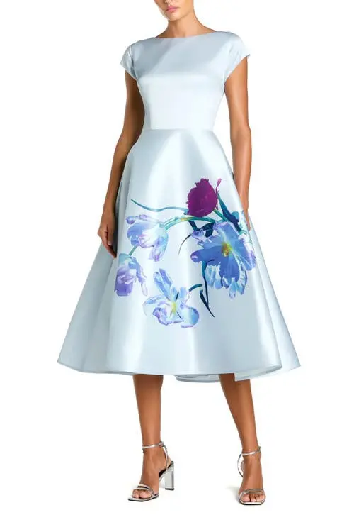 Mac Duggal Satin Midi Dress With Floral Print - Periwinkle Multi