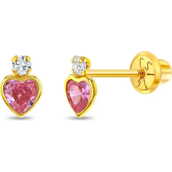 IN SEASON JEWELRY 14k Yellow Gold Cubic Zirconia Heart Stud Earrings - Pink