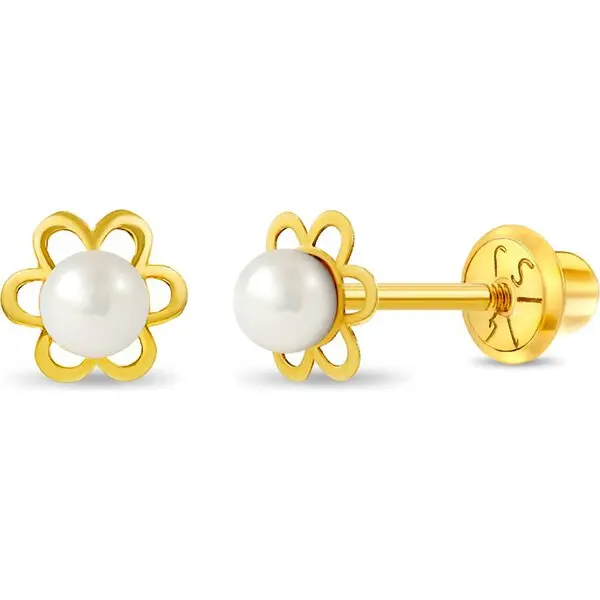 IN SEASON JEWELRY 14k Yellow Gold Flower Earrings With Freshwater Pearls - White