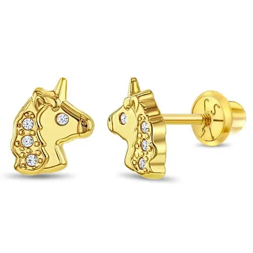 IN SEASON JEWELRY 14k Yellow Cubic Zirconia Unicorn Stud Earrings - Gold