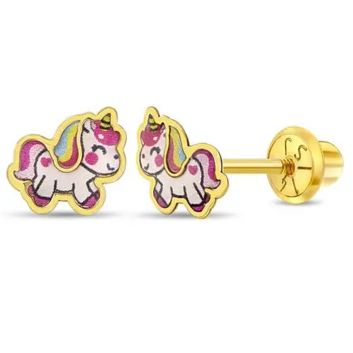 IN SEASON JEWELRY 14k Yellow Gold Unicorn Stud Earrings - Pink