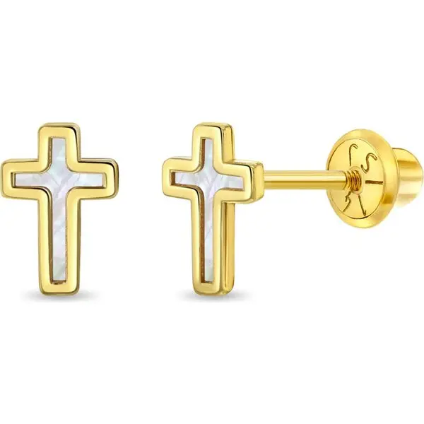 IN SEASON JEWELRY 14k Yellow Gold Mother Of Pearl Cross Earrings - White