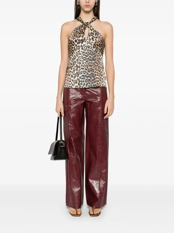 GANNI Leopard-print Satin Halterneck Top - Neutrals