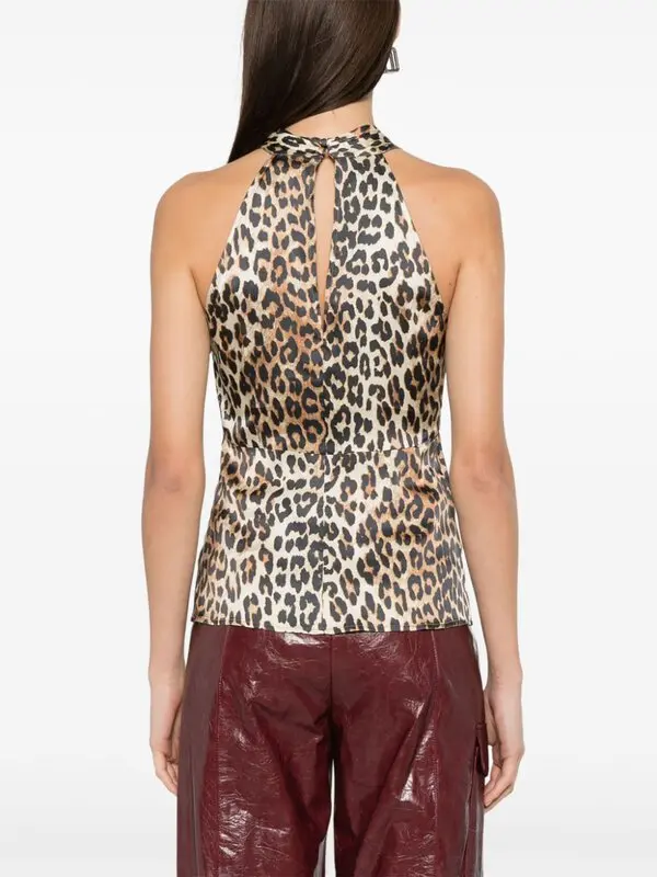 GANNI Leopard-print Satin Halterneck Top - Neutrals