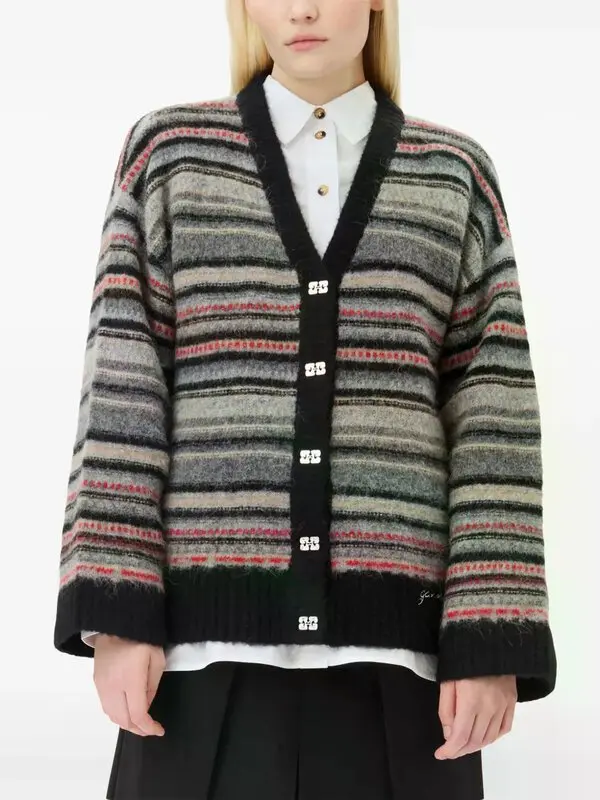 GANNI Striped Buttoned Cardigan - Grey