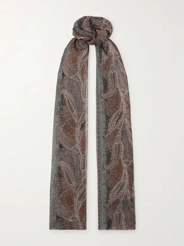 Saint Laurent Paisley-Print Silk-Chiffon Scarf - Gray | Editorialist