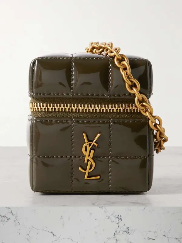 Saint Laurent Cassandre Micro Cube Quilted Patent-Leather Pouch
