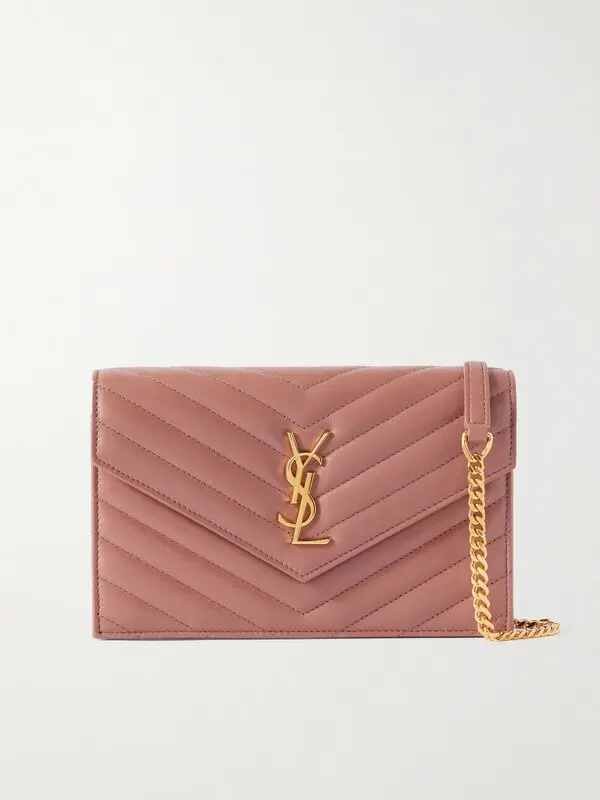 Saint Laurent Cassandre Envelope Chain Mini Matelassé Leather Wallet - Pink