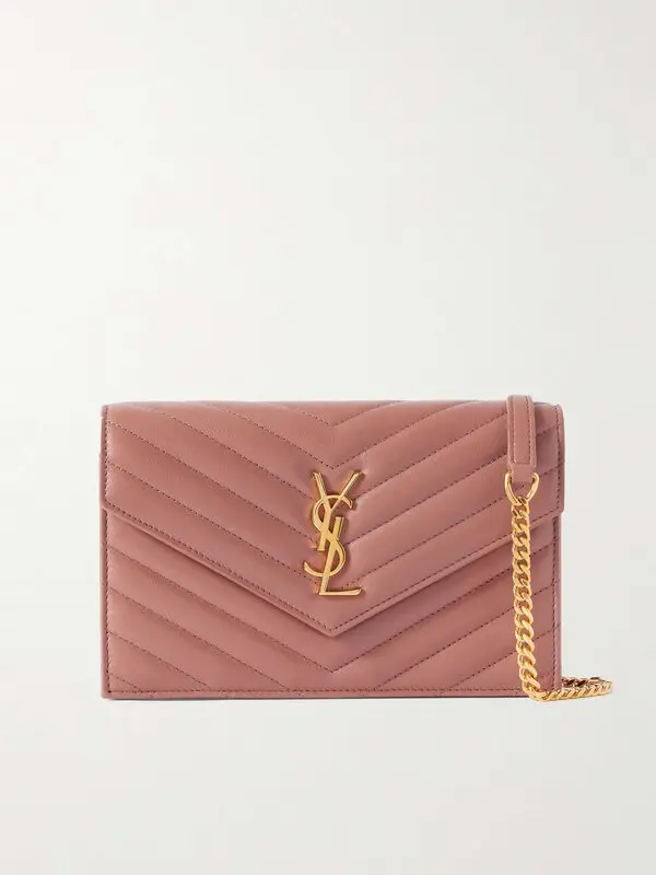 Saint Laurent Cassandre Envelope Chain Mini Matelassé Leather Wallet - Pink