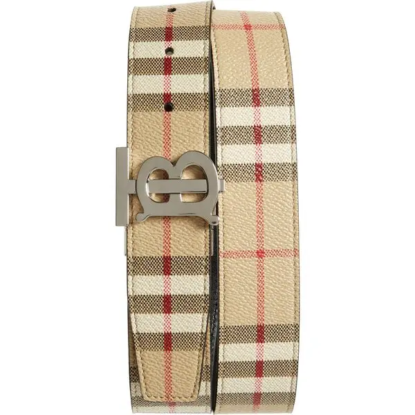 Burberry Tb Check Reversible Belt - Archive Beige/ Silver