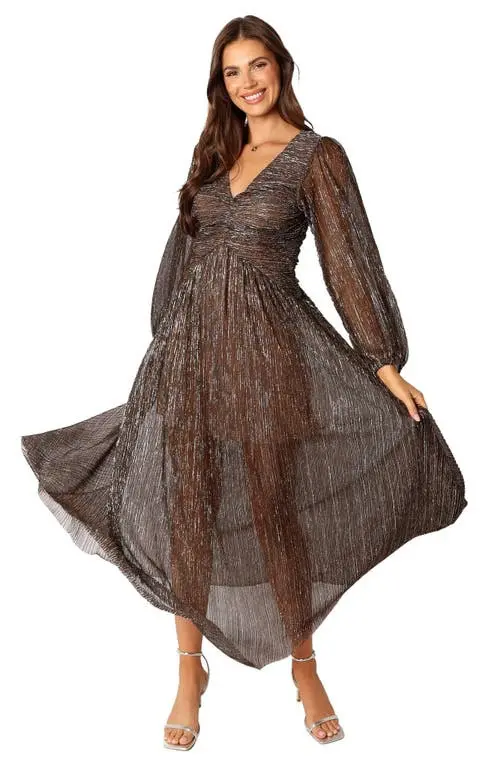 Petal & Pup Lustre Long Sleeve Midi Dress - Bronze | Editorialist