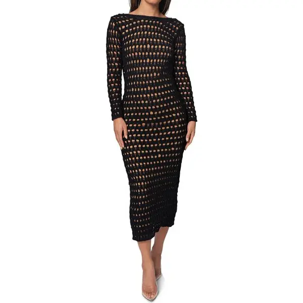JLUXLABEL Serene Wonders Open Stitch Long Sleeve Dress - Black