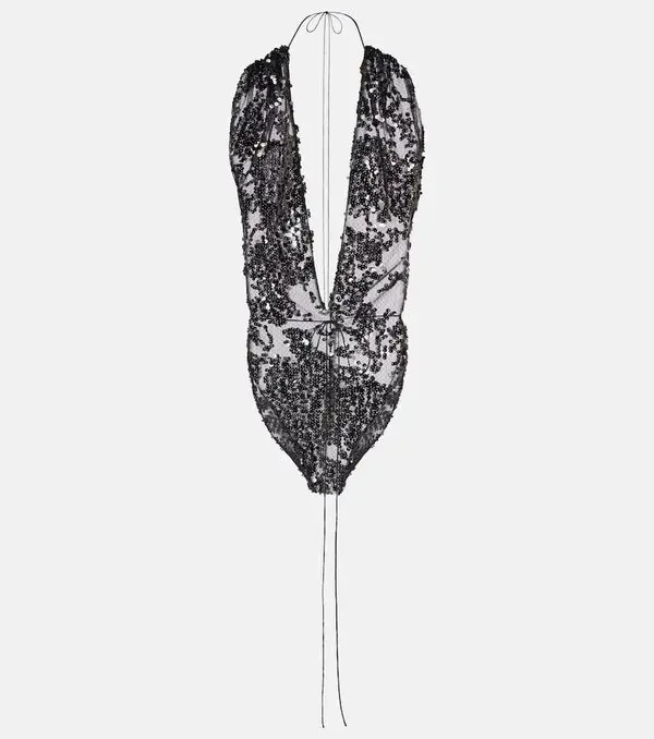 Victoria Beckham Sequined Halterneck Tulle Bodysuit - Black