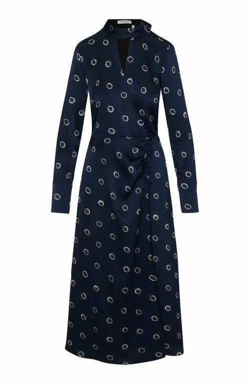 Rebecca Taylor Hazy Dot Printed Tie Neck Dress - Navy Combo
