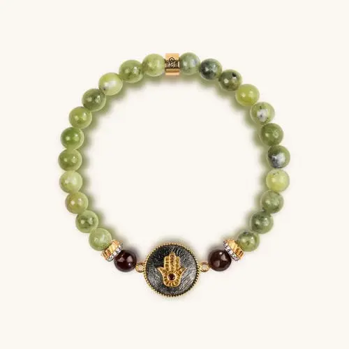KARMA AND LUCK Jade And Garnet Hamsa Bracelet - Green/burgundy