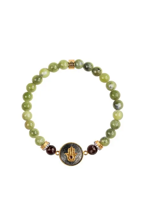 KARMA AND LUCK Jade And Garnet Hamsa Bracelet - Green/burgundy