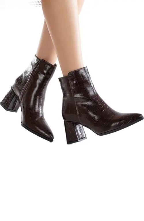 FOREVER & ALWAYS SHOES Lilith Croco Ankle Boots - Dark Brown Croco