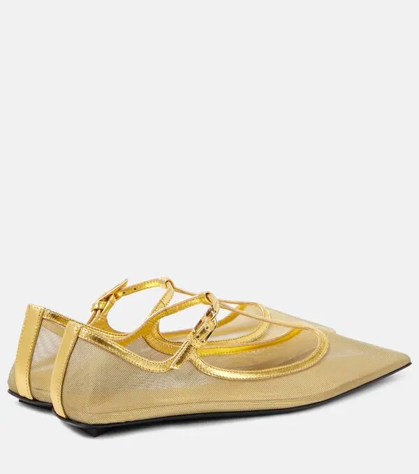 Attico Juno Mesh Mary Jane Flats - Gold