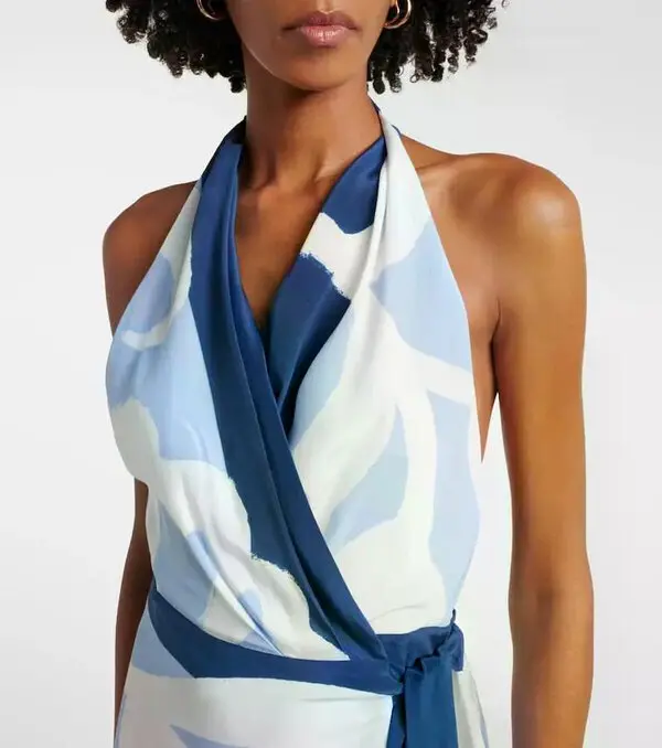 SIR THE LABEL Sir Portia Printed Silk Satin Wrap Dress - Blue