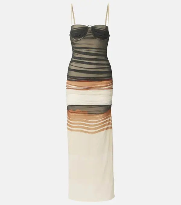 SIR. Breeze Striped Ruched Mesh Midi Dress