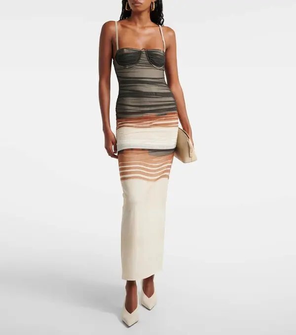 SIR. Breeze Striped Ruched Mesh Midi Dress