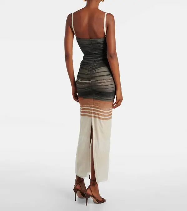 SIR. Breeze Striped Ruched Mesh Midi Dress