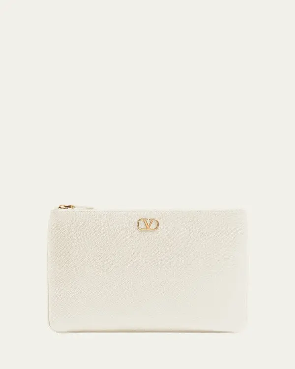 Valentino Garavani Vlogo Medium Leather Flat Pouch Bag - Light Ivory