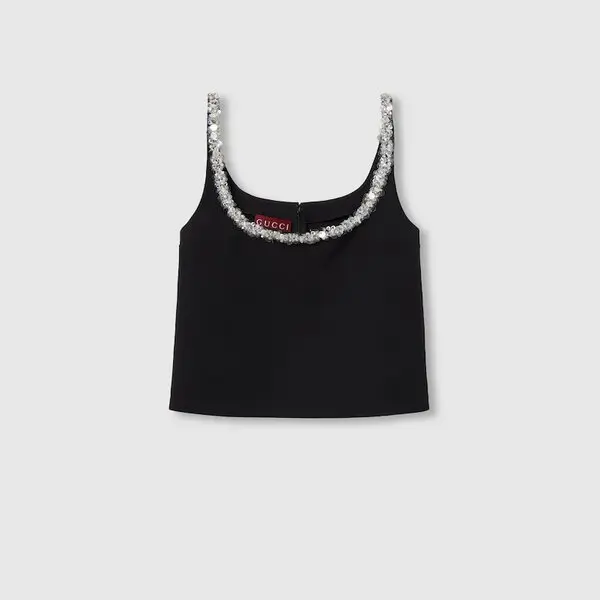 Gucci - Embroidered Wool Silk Crêpe Top, Size 38 It, Black, Ready-to-wear