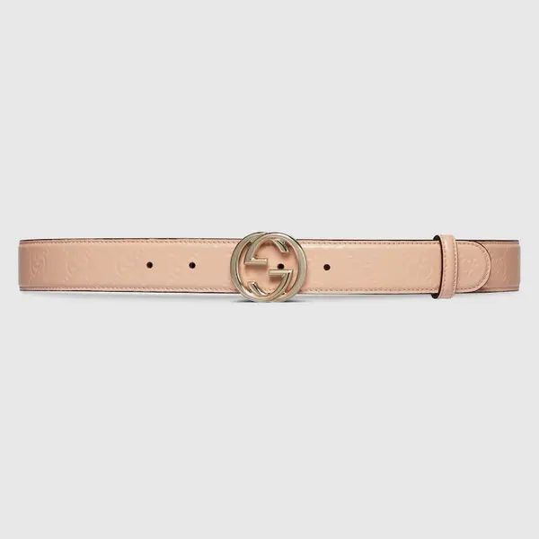 Gucci Gg Leather Belt With Interlocking G Buckle - Pink 