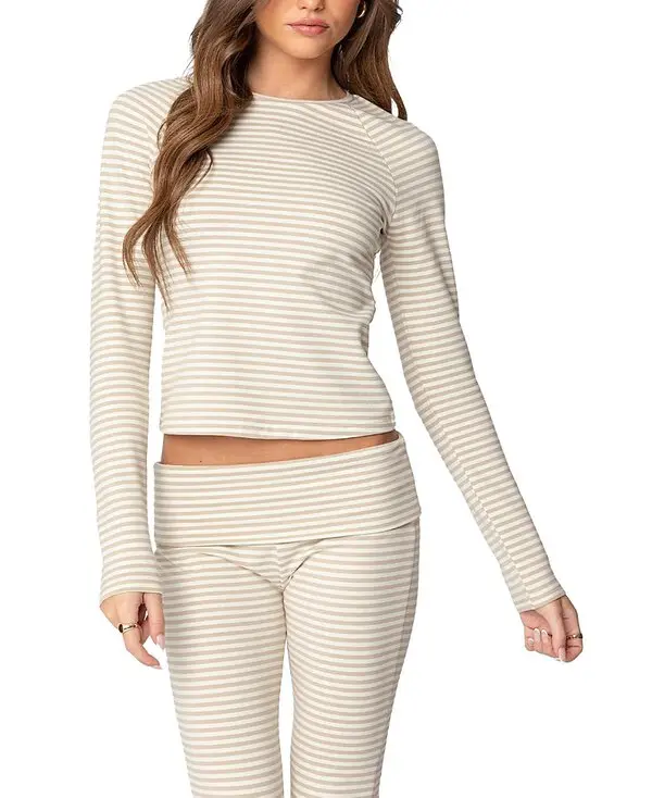 EDIKTED Kaeli Stripey Long Sleeve T-shirt - Beige