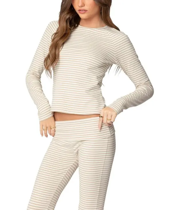 EDIKTED Kaeli Stripey Long Sleeve T-shirt - Beige