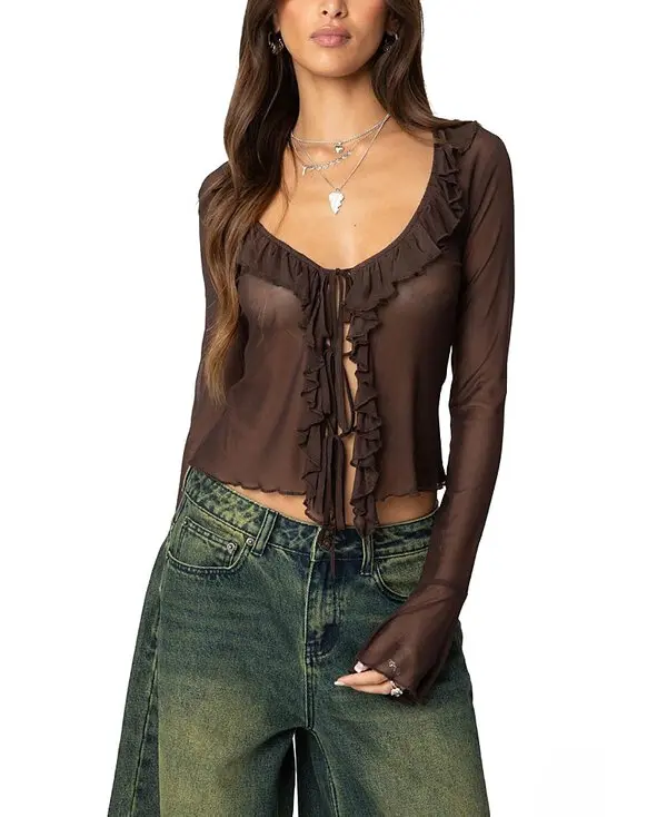 EDIKTED Sheer Mesh Ruffled Top - Brown