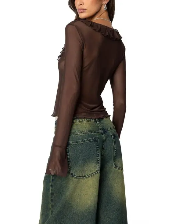 EDIKTED Sheer Mesh Ruffled Top - Brown