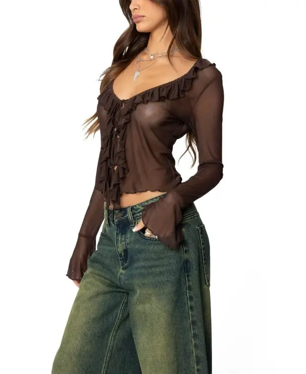 EDIKTED Sheer Mesh Ruffled Top - Brown