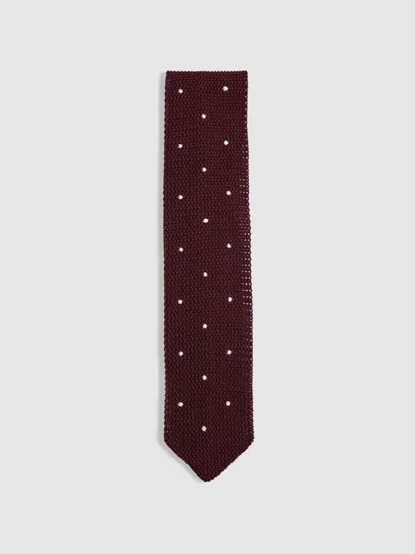 REISS Punto Spot Knitted Silk Tie - Burgundy