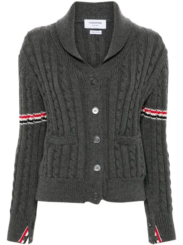 Thom Browne Rwb-stripe Cable-knit Cardigan - Grey