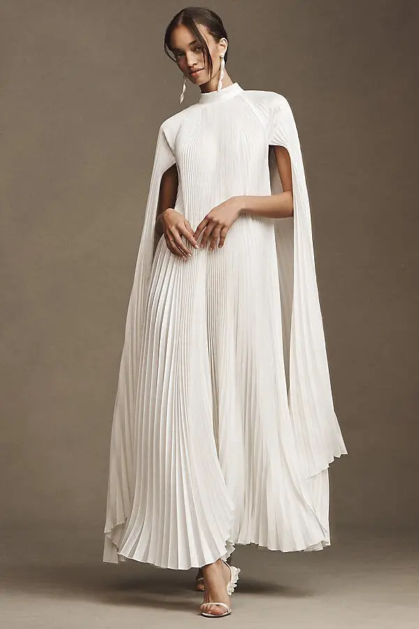 L'Idee Eiffel Cape Pleated Maxi Dress - White
