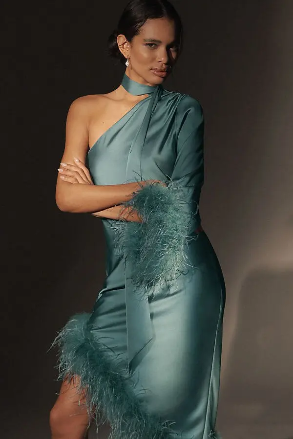 Hutch Asymmetrical One-Shoulder Faux-Feather Scarf Midi Dress In Blue - 29%  Off