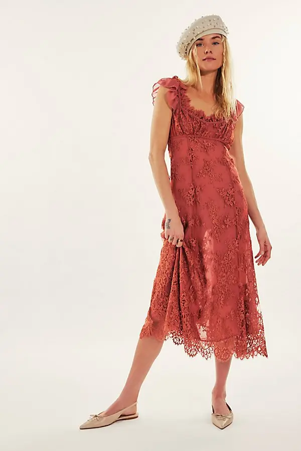 For Love & Lemons Holiday Lace Flutter Midi Dress - Mauve | Editorialist