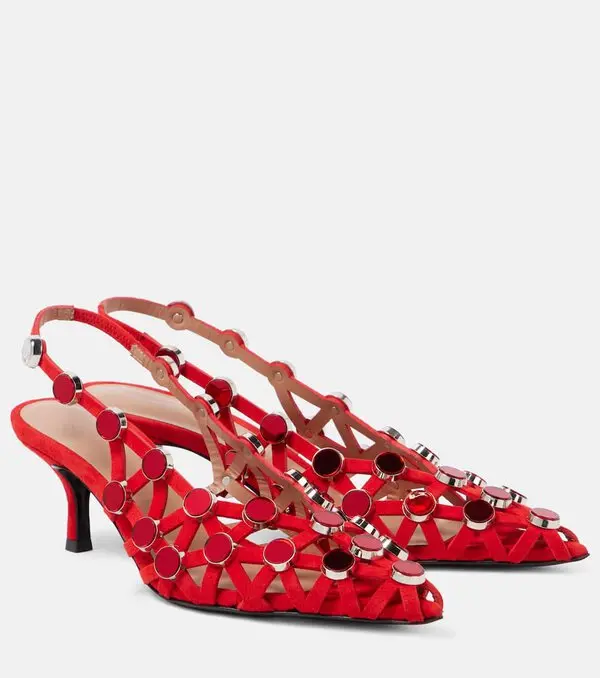Attico Embellished Leather Slingback Pumps - Red