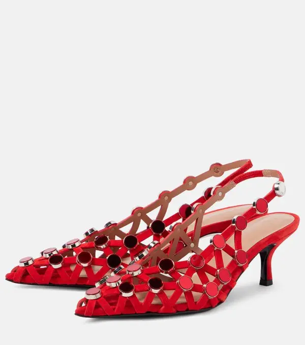 Attico Embellished Leather Slingback Pumps - Red
