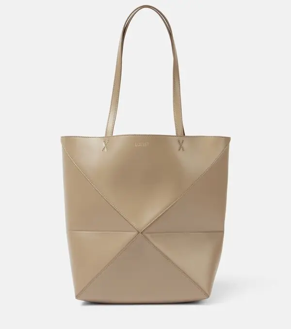 Loewe Puzzle Fold Medium Leather Tote Bag - Beige