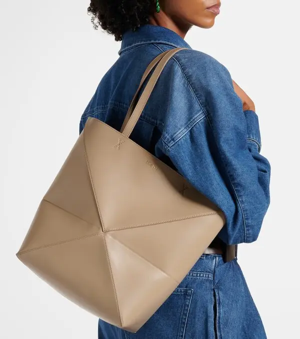 Loewe Puzzle Fold Medium Leather Tote Bag - Beige