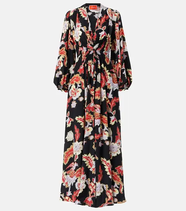 La DoubleJ Printed Shirred Silk Maxi Dress