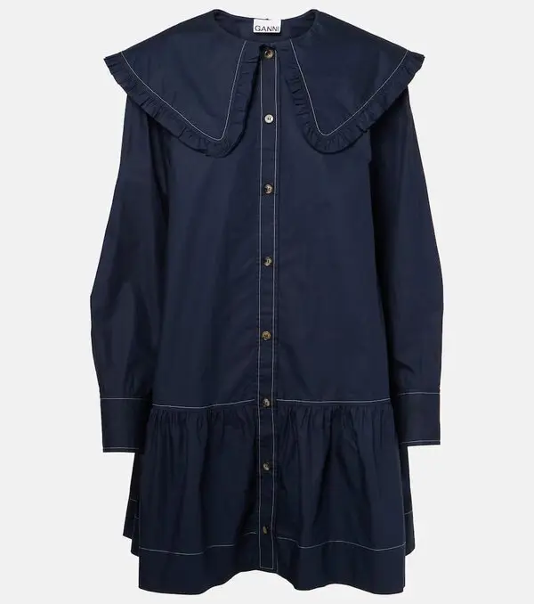 GANNI Cotton Buttoned Shirt Dress - Blue