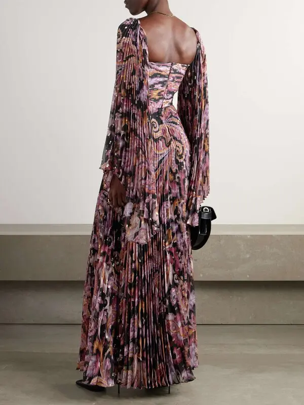 Etro Printed Metallic Plissé Gown